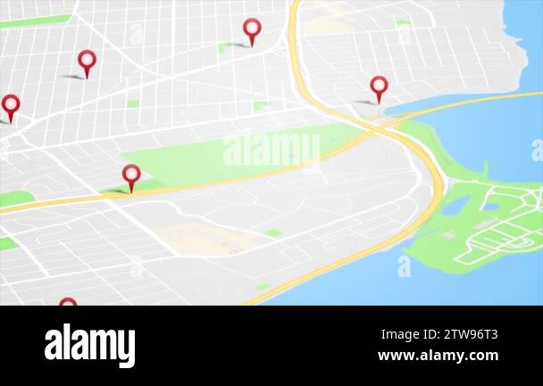 City Map With GPS Pins Animation Loop/ 4k animation of an app screen of ...