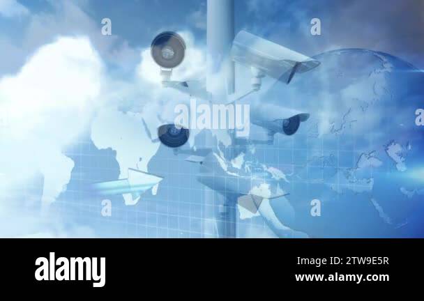 Digital animation of surveillance cameras with a view of the sky with ...