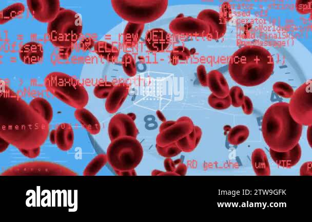 Digital animation of a white clock with moving hands and red blood ...