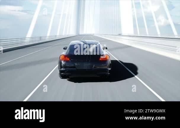 3d model of black sport car on the bridge. Very fast driving. realistic ...