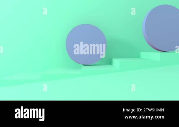 3d blue round objects roll down the green pastel stairs. 4K render ...