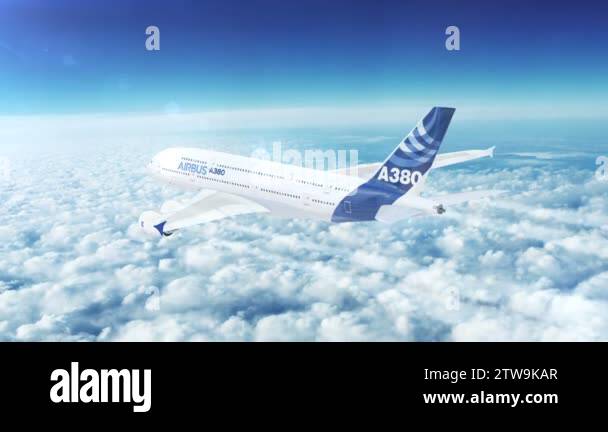 Airbus A380 passenger aircraft flying high above the skies. A380 is a ...