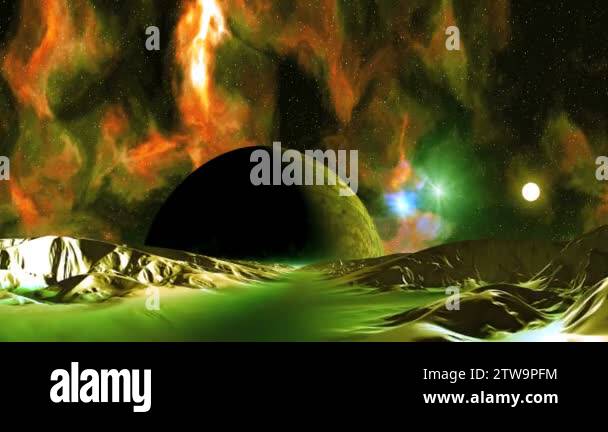 UFO, Alien Planet and Sunset. On the starry sky, bright nebulae, a ...