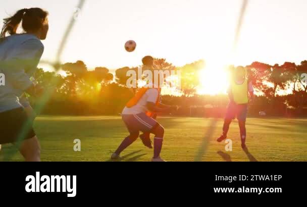 Rear view of diverse female soccer team training and scoring ball with ...