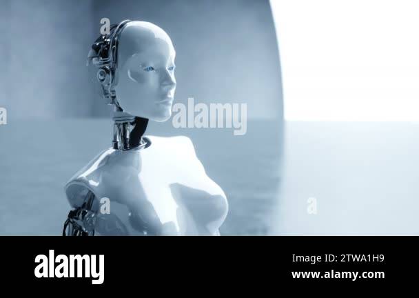 Futuristic humanoid female robot is idle. Concept of future. Realistic ...