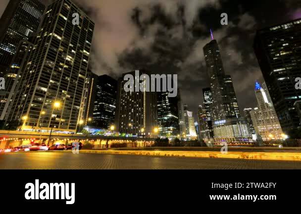 Chicago Skyscrapers at Night with Cars Crossing the City. Video ...