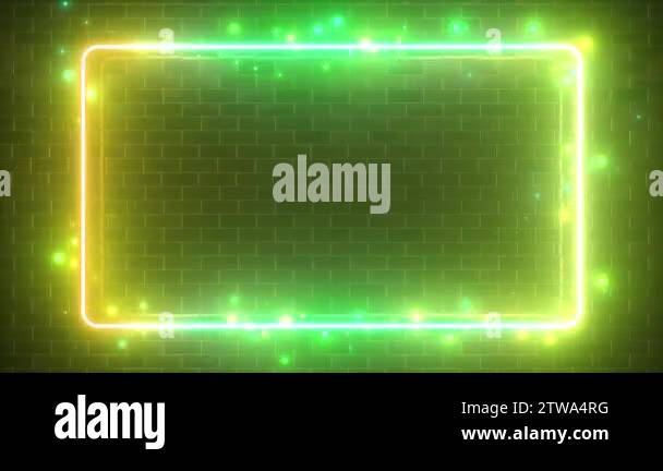 Rectangular neon sparkling luminous form on the background of a brick ...