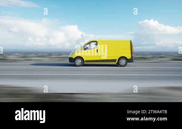 Yellow delivery van on highway. Very fast driving. Transport and ...