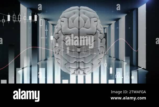 Top view of human brain and server room background with continuous ...