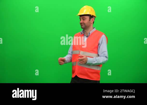 Engineer Worker Making Presentation Gestures on Green Screen. Showing ...