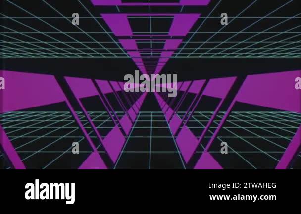 endless flight through retro style cyber purple tunnel VHS effect motion graphics animation ...