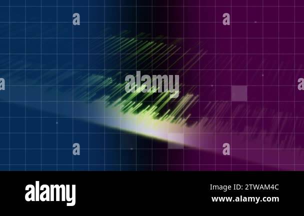 Digital animation of a grid with treads of light dashing in a forward ...