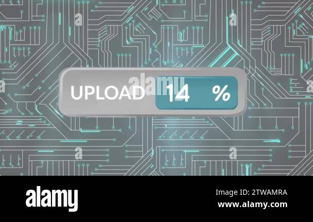 Digitally generated animation of an upload progress bar and glowing digital circuit in grey ...