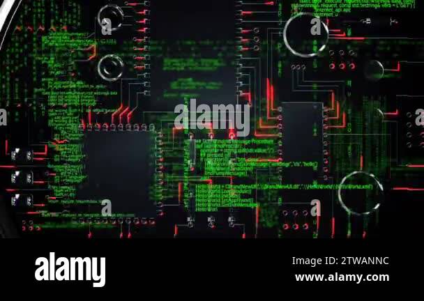 Digitally generated animation of program codes and digital circuit moving in the screen while ...