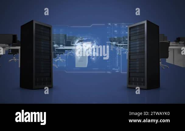 Digital composite of server towers with a screen of of a globe and an ...