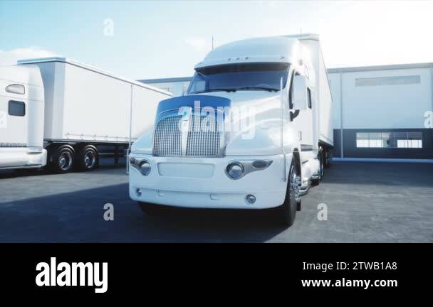 Logistics center with white 3d model of trucks. Logistic, transport and ...