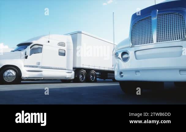 Logistics center with white 3d model of trucks. Logistic, transport and ...