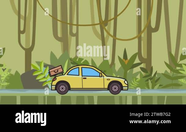 Animated coupe car with luggage on the rear hood riding through ...