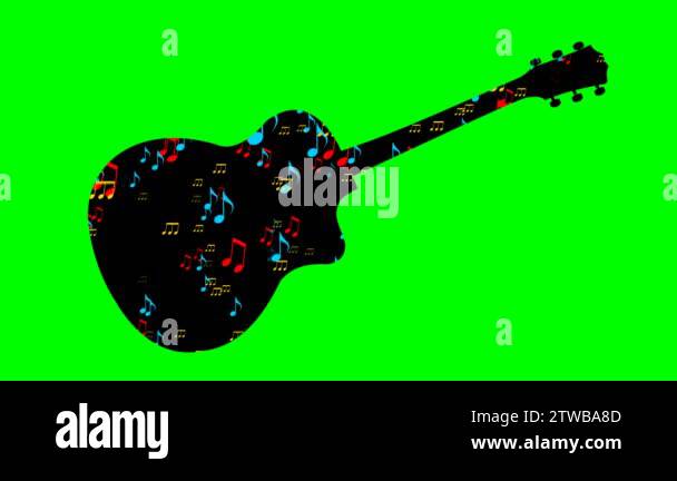 Black guitar silhouette and flying colored musical notes within musical ...