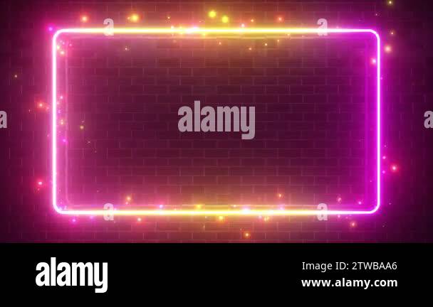 Rectangular neon sparkling luminous form on the background of a brick ...