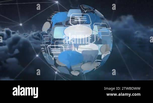 Digitally generated animation of message bubble icons arranged spherically rotating while ...