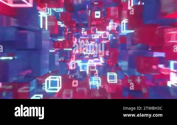 Flying in abstract motion space of colorful red and blue cubes with neon glowing cubes. Seamless ...