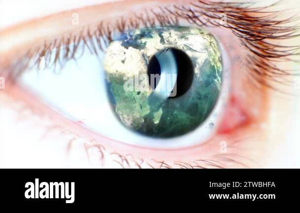 Blue eye with Earth map on iris and particles flying Stock Video ...