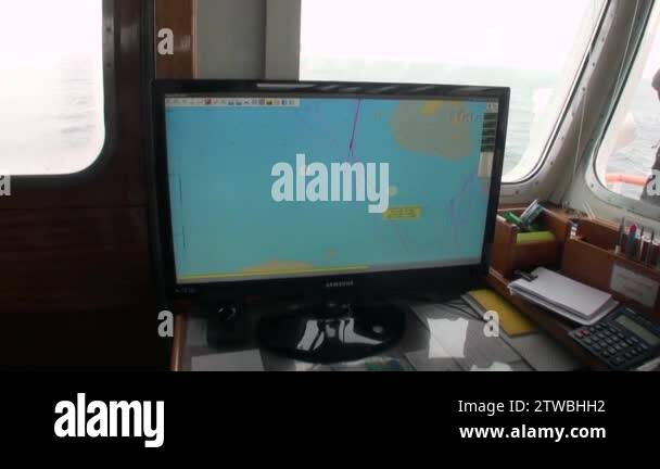 Control Panel on computer monitor of research expedition ship vessel in ...