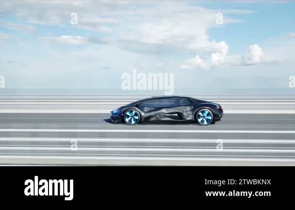 3d model of black futuristic car on the bridge. Very fast driving ...