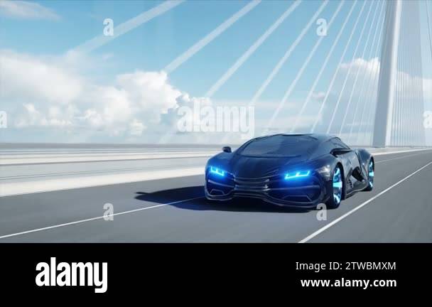 3d model of black futuristic car on the bridge. Very fast driving ...