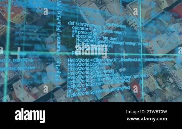 Digital animation of program codes moving in the screen with square patterns and background ...