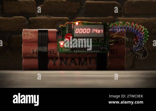 Camera zooms on the dynamite bomb countdown with error in the end Stock ...