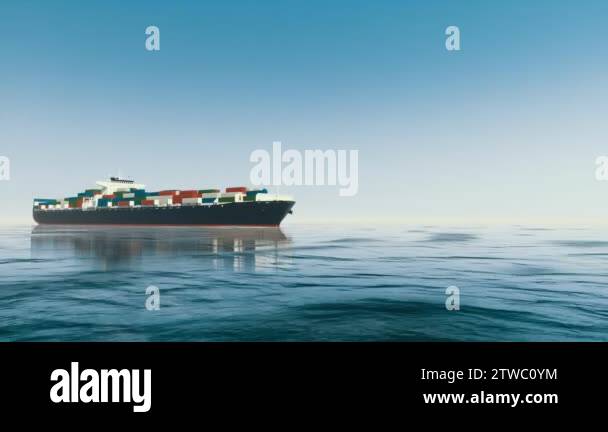 Low angle view of a large brandless cargo container ship floats on calm ...