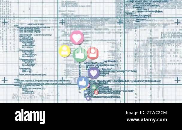Digitally generated animation of program codes and social media icons moving in the screen with ...