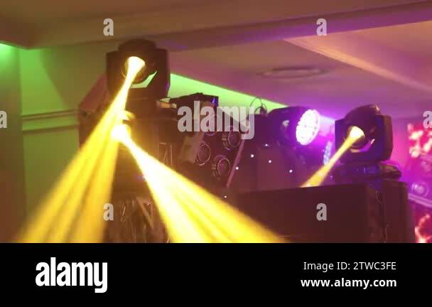 Stage lights at the concert with fog, Stage lights on a console ...