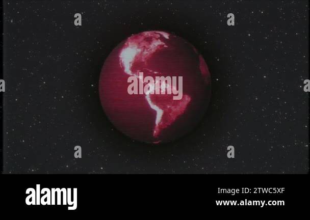 red noise earth globe rotating in stars space old vhs tape glitch ...