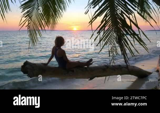 Woman watching sunset on palm tree trunk romantic sky sand beach rear ...