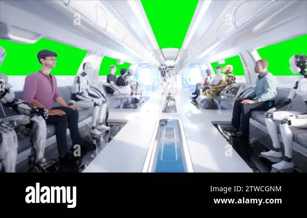 People and robots. Futuristic monorail transport. Concept of future ...
