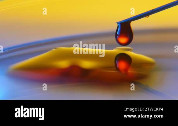 Red blood dribs come down from needle on liquid surface looking like a ...