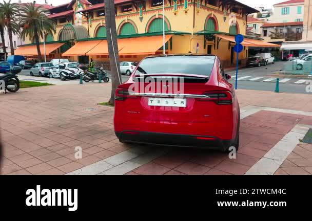 Menton, France - March 3, 2018: Red Tesla Model X (Rear View) Electric ...