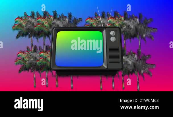 Digital animation of old television with green and blue gradient on the ...