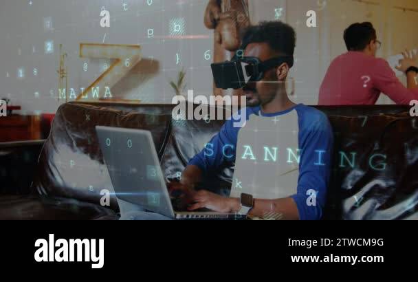 Digital composite of an African-american man wearing a virtual reality ...