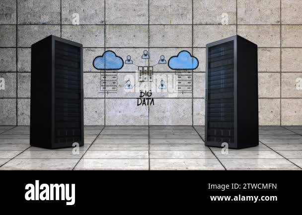 Digital animation of server towers moving on a large empty tiled room ...