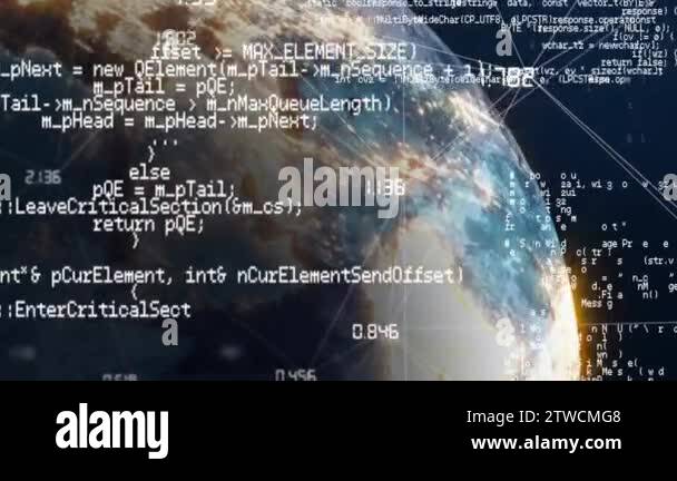 Digital animation of program codes and asymmetrical lines with numbers moving in the screen ...