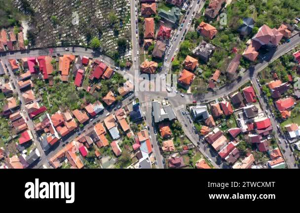Aerial 4k view of traffic roundabout, gyratory intersection of seven ...
