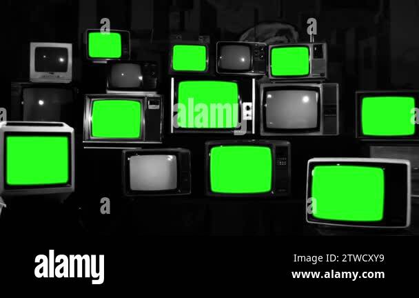 Many Tvs With Green Screens. Black and White Tone. Aesthetics of the ...