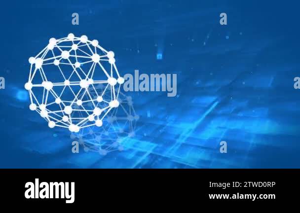 Digital animation of a rotating network lines connected by dots forming ...