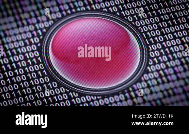 footage of red button with smile emoji sign and binary code around ...