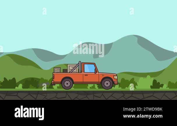 Animated pickup truck with boxes in the trunk riding through green ...