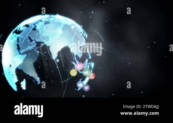 Digitally generated animation of social media icons floating and the globe rotating with glowing ...